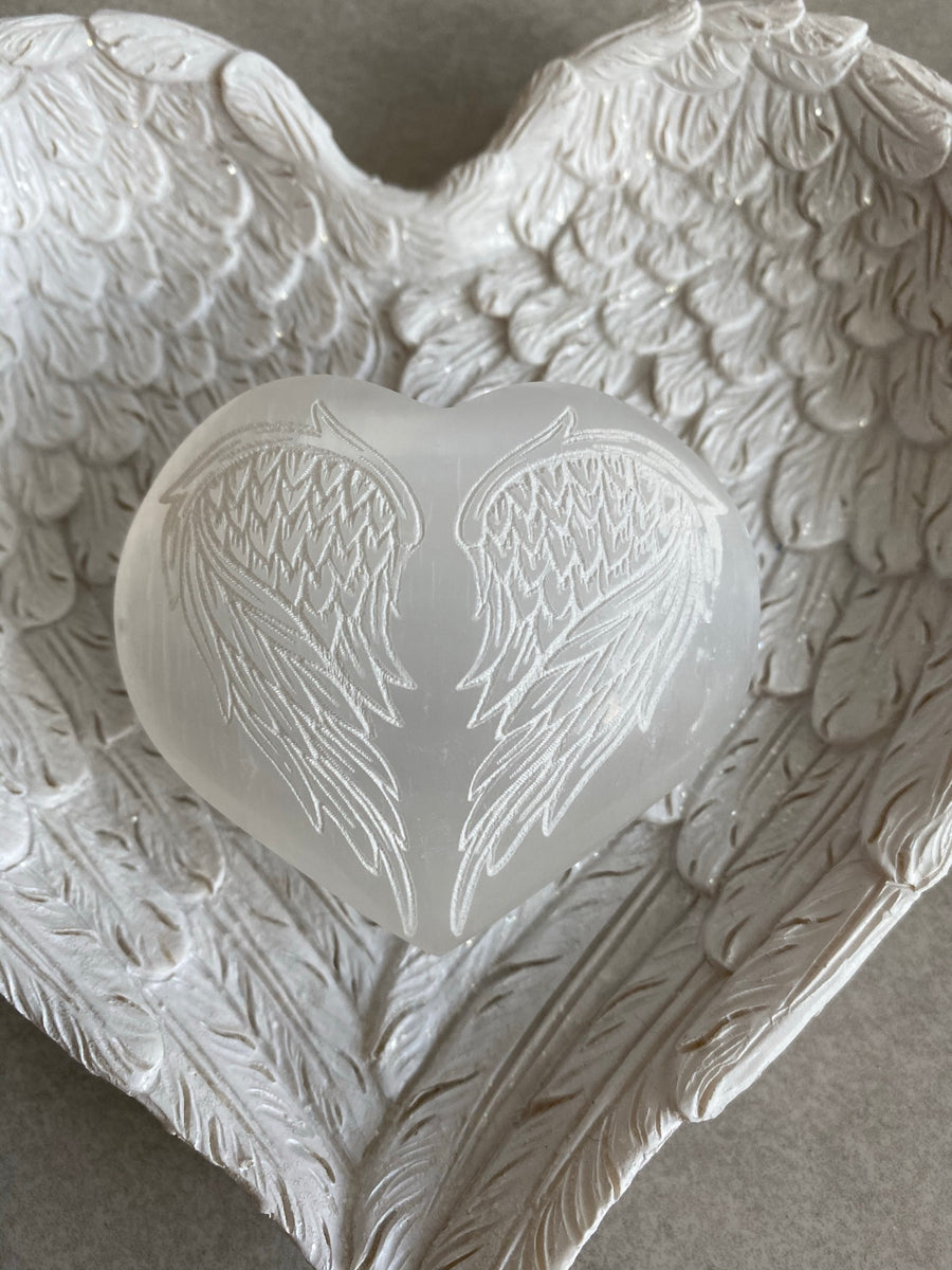 Selenite | Puffy Engraved Heart | Angel Wings – The Sentient Tree